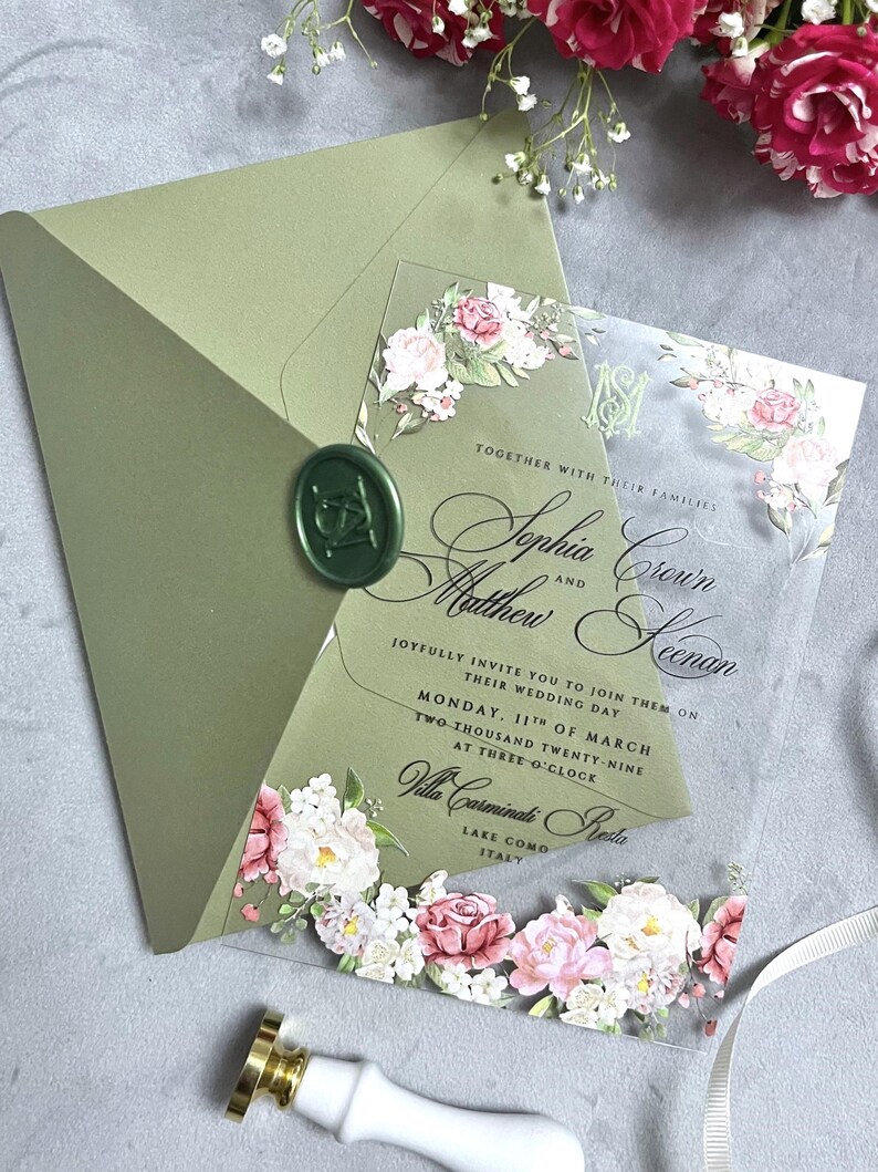 Acrylic Clear Wedding Invitation With Pink Rose and Sage Green ...