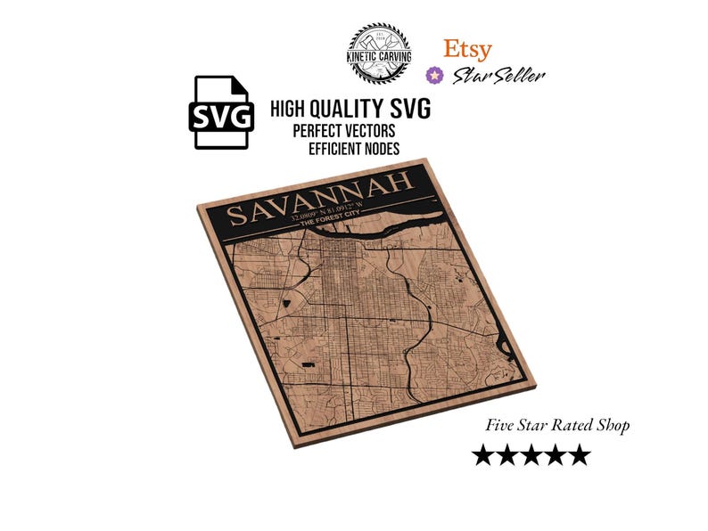 Savannah Georgia City Map SVG | CNC Laser Cut File, Wood Wall Art ...