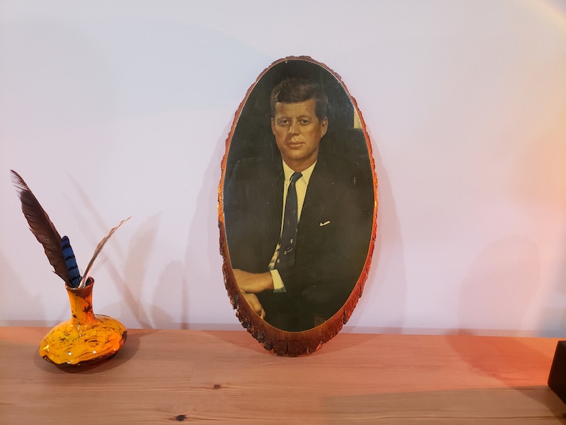 Vintage 60's John F. Kennedy Wood Slice Art Photo Souvenier on Wood. - Etsy