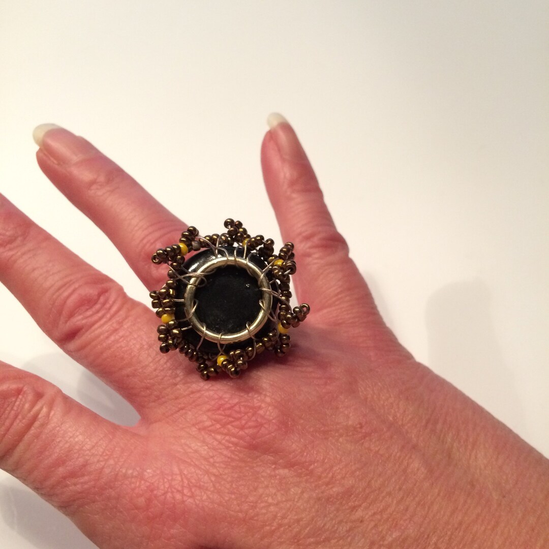 Statement Sunflower Ring, Marble Stone Brown Black, Brown Yellow Beads ...