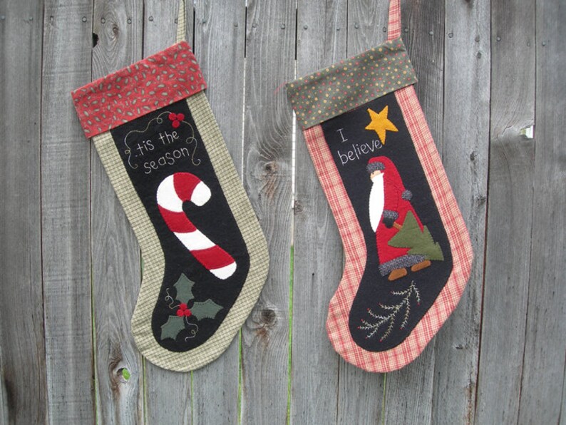 Santa and Candy Cane -wool Applique Christmas Stocking PATTERN - UGM101 ...
