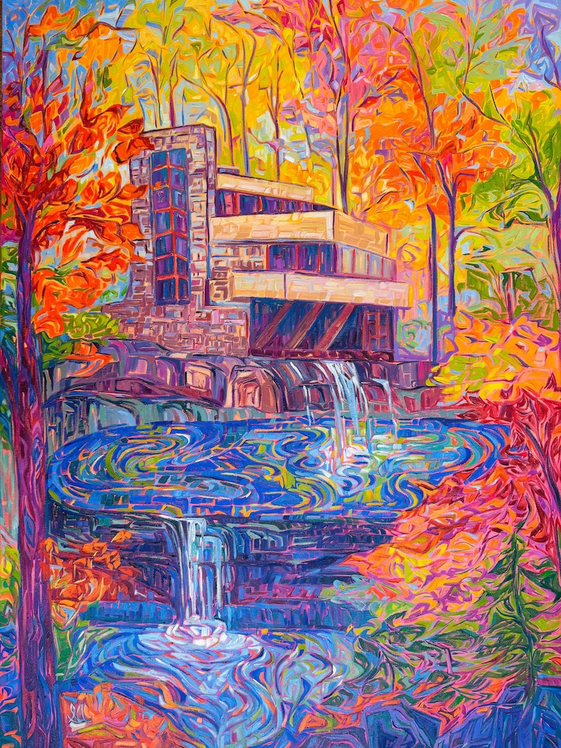 Fallingwater Original Oil Painting (30"x 40") Colorful Autumn Landscape ...