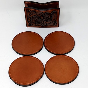 Leather Coasters, Hand Tooled Leather Holder, Italian Tan Color, Set of ...