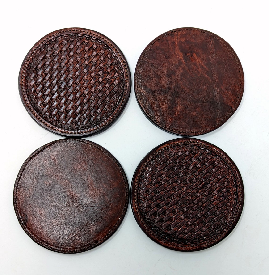Leather Coasters, Hand Tooled Full Grain Leather, Vintage Brown Color ...