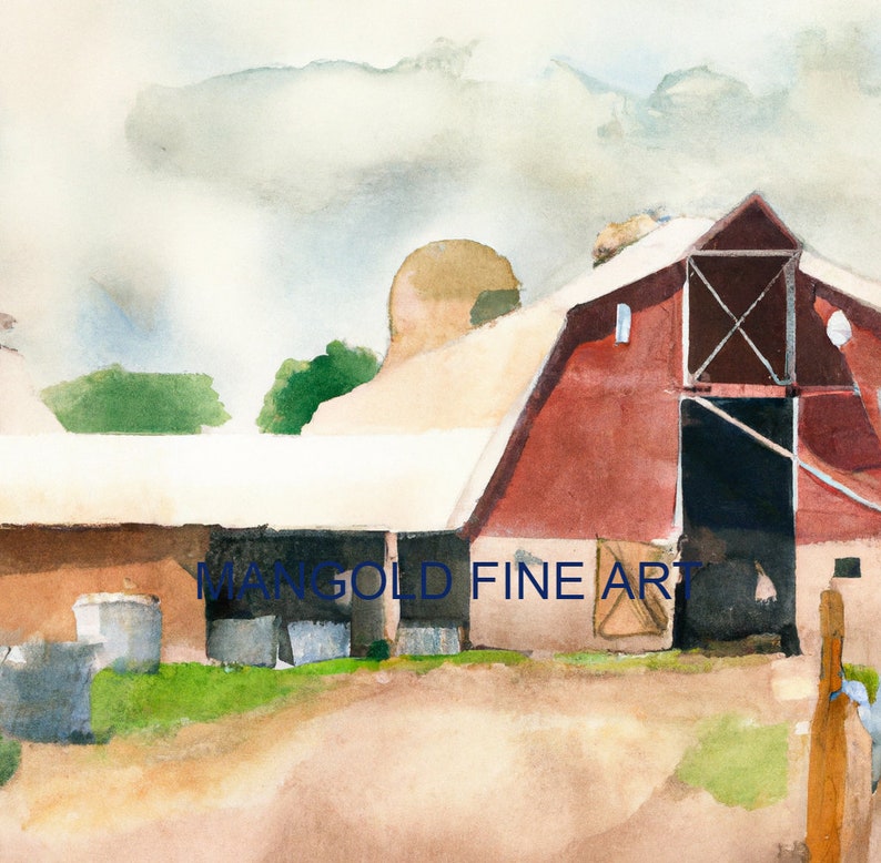 Watercolor Painting of Farm Life, Chicken, Cow, and Barn, Farmhouse All ...
