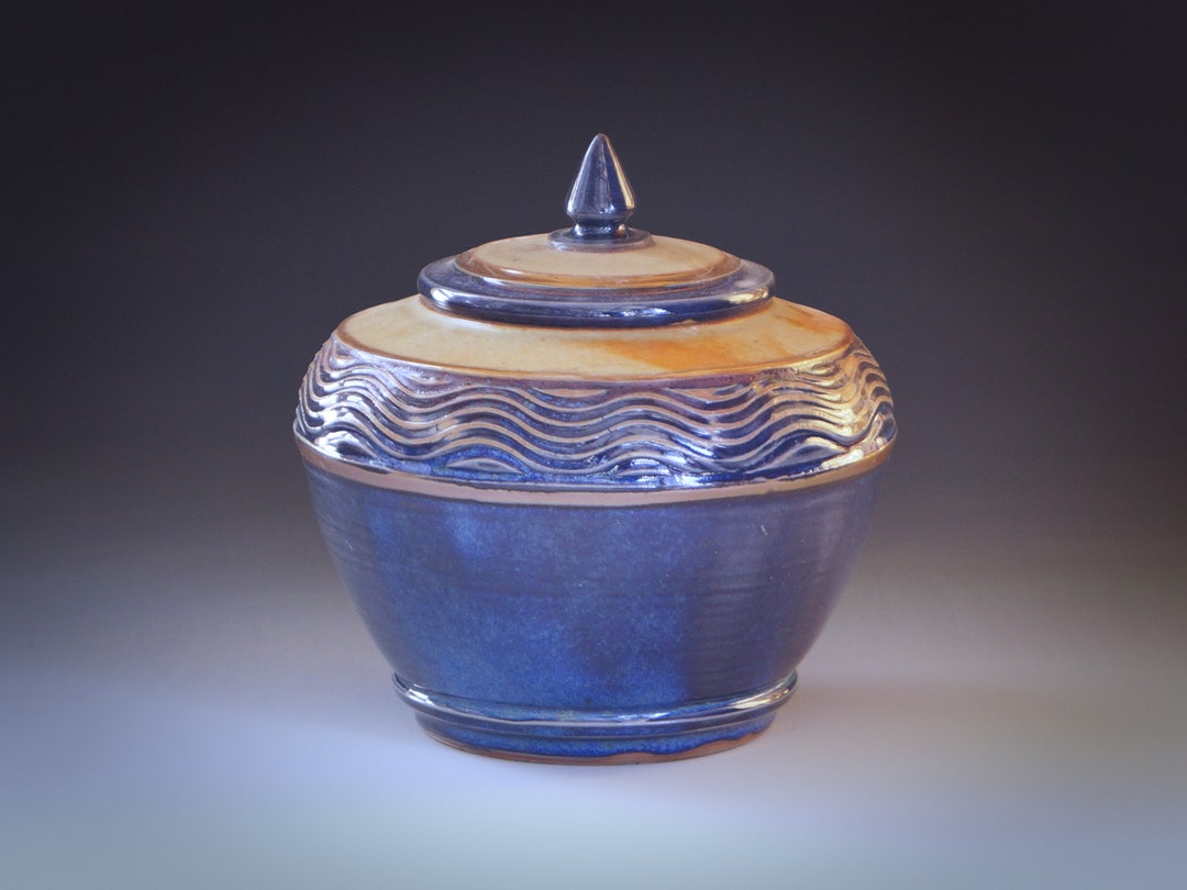 Ceramic Memorial Cremation Urn: Funerary Art Urn blue With Burnt Orange ...