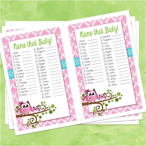 Owl Themed Baby Shower Name the Baby Game Pink and Teal Damask - Etsy