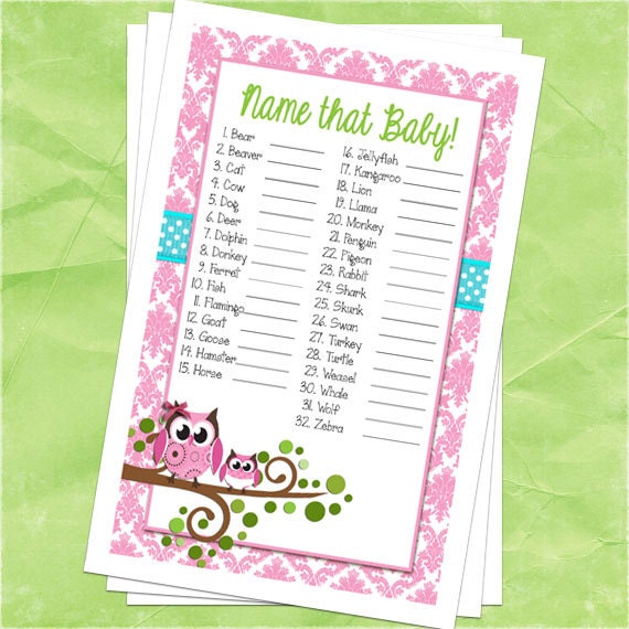 Owl Themed Baby Shower Name the Baby Game Pink and Teal Damask - Etsy