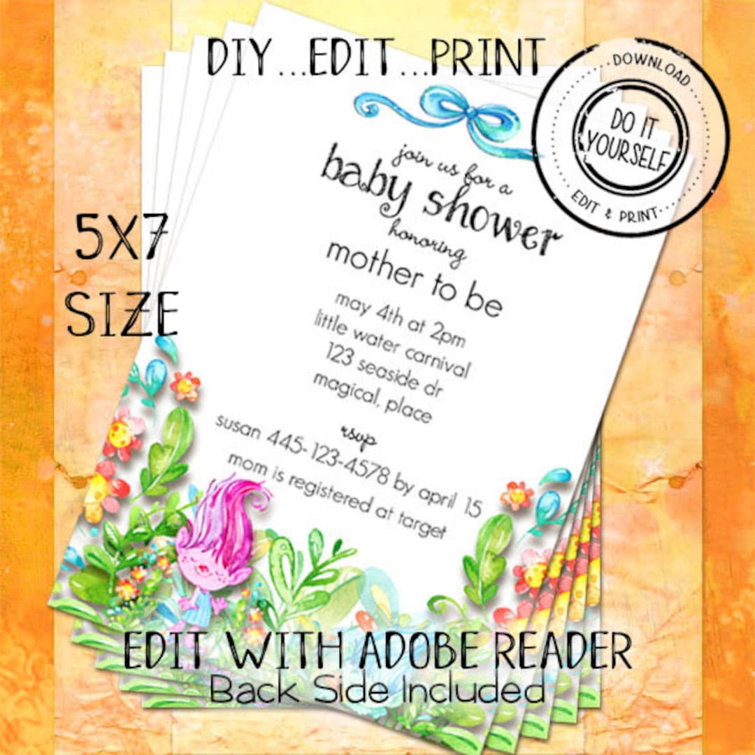 Trolls Baby Shower Invitations, Customize Yourself Instant Download in ...