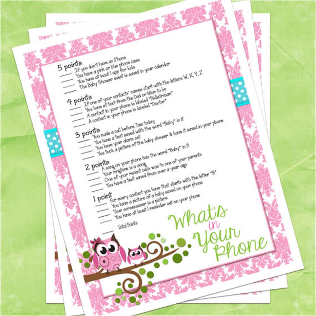 Owl Themed Baby Shower What's in Your Phone Game Pink and Teal Damask ...