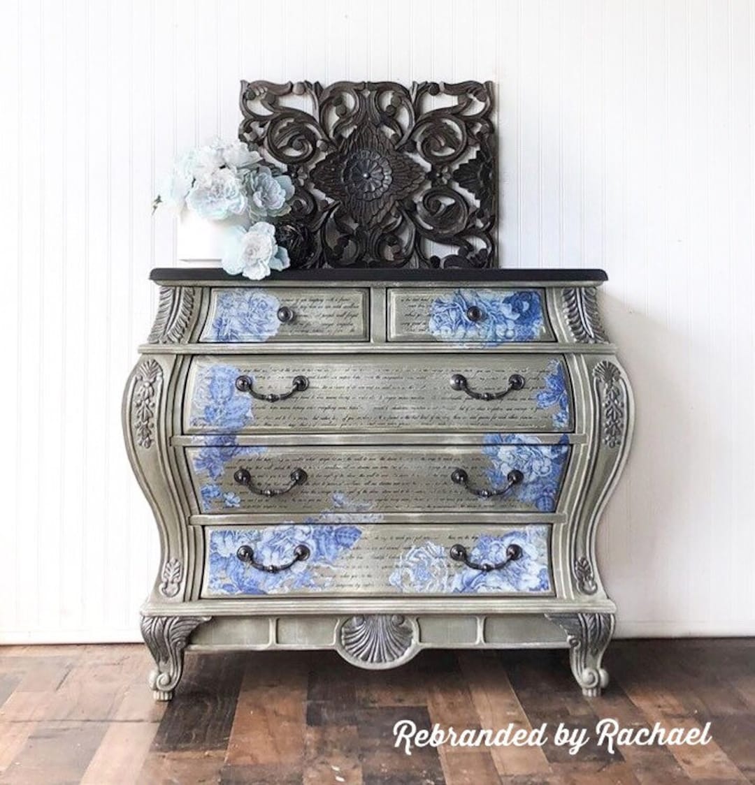 SOLD!! Blue and Taupe Floral Bombay Dresser Chest or Entryway Table for ...