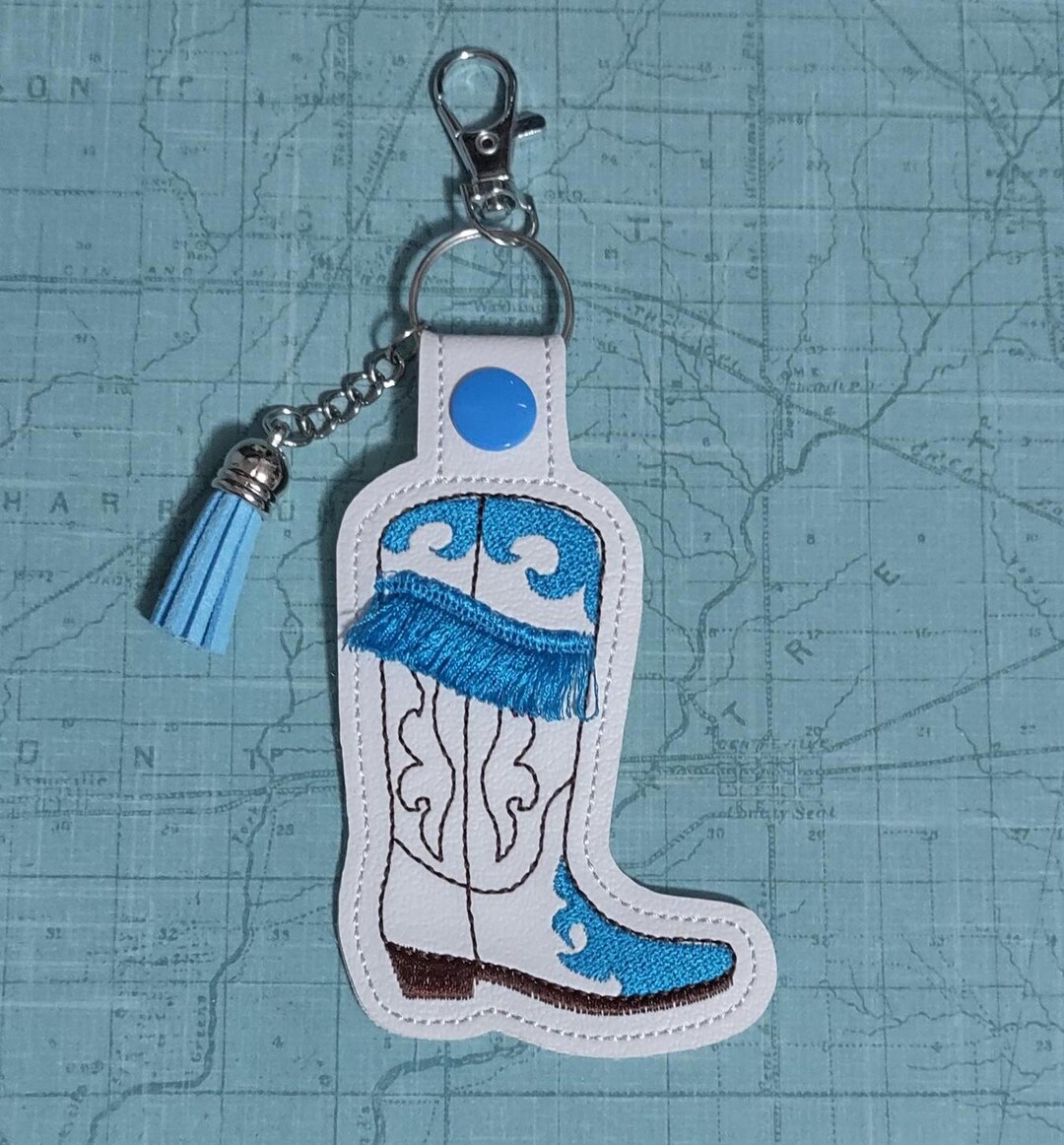 Embroidered Cowboy Cowgirl Boot Key Chain Key Fob With Blue Fringe - Etsy