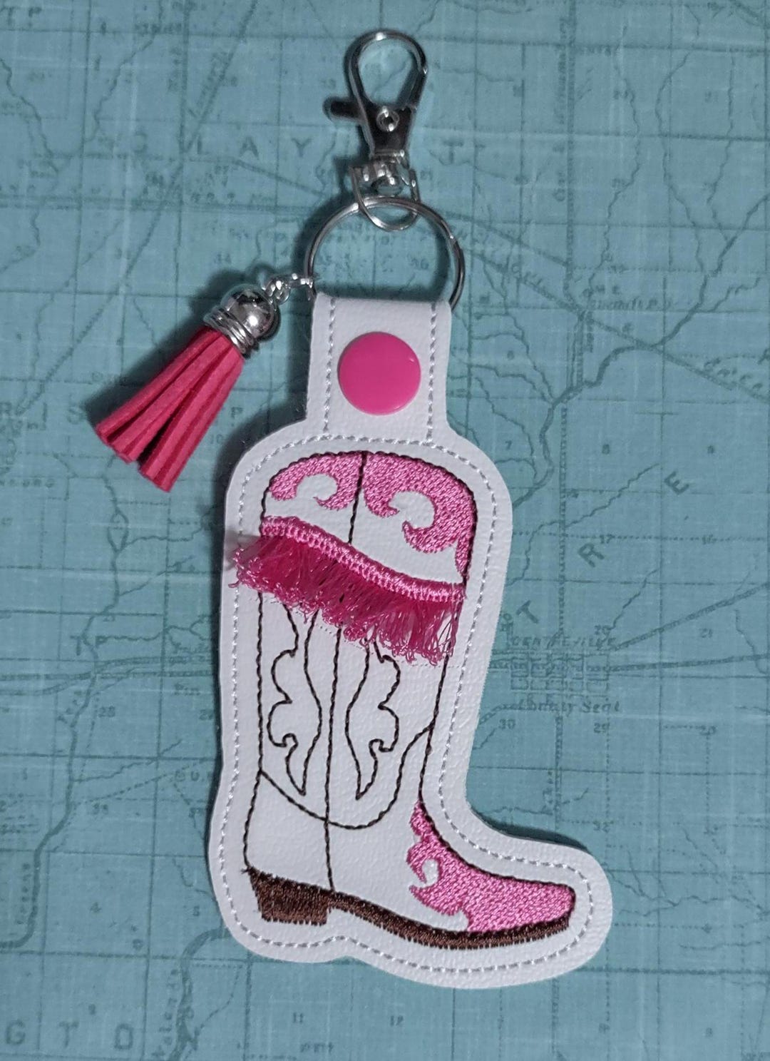 Embroidered Cowboy Cowgirl Boot Key Chain Key Fob With Pink Fringe - Etsy