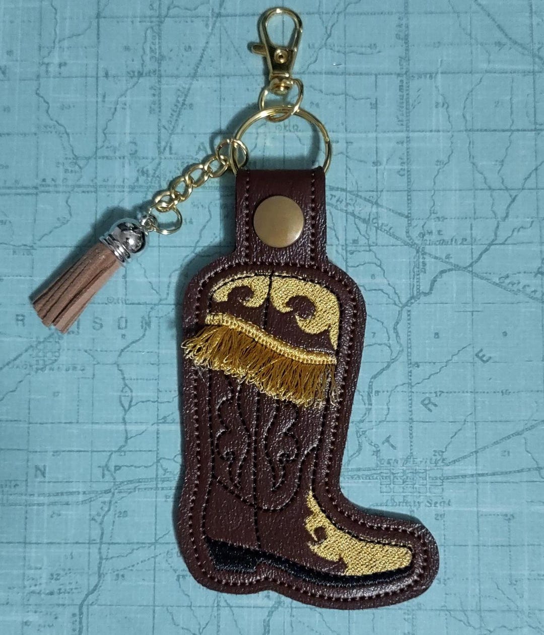 Embroidered Cowboy Cowgirl Boot Key Chain Key Fob With Gold Fringe - Etsy