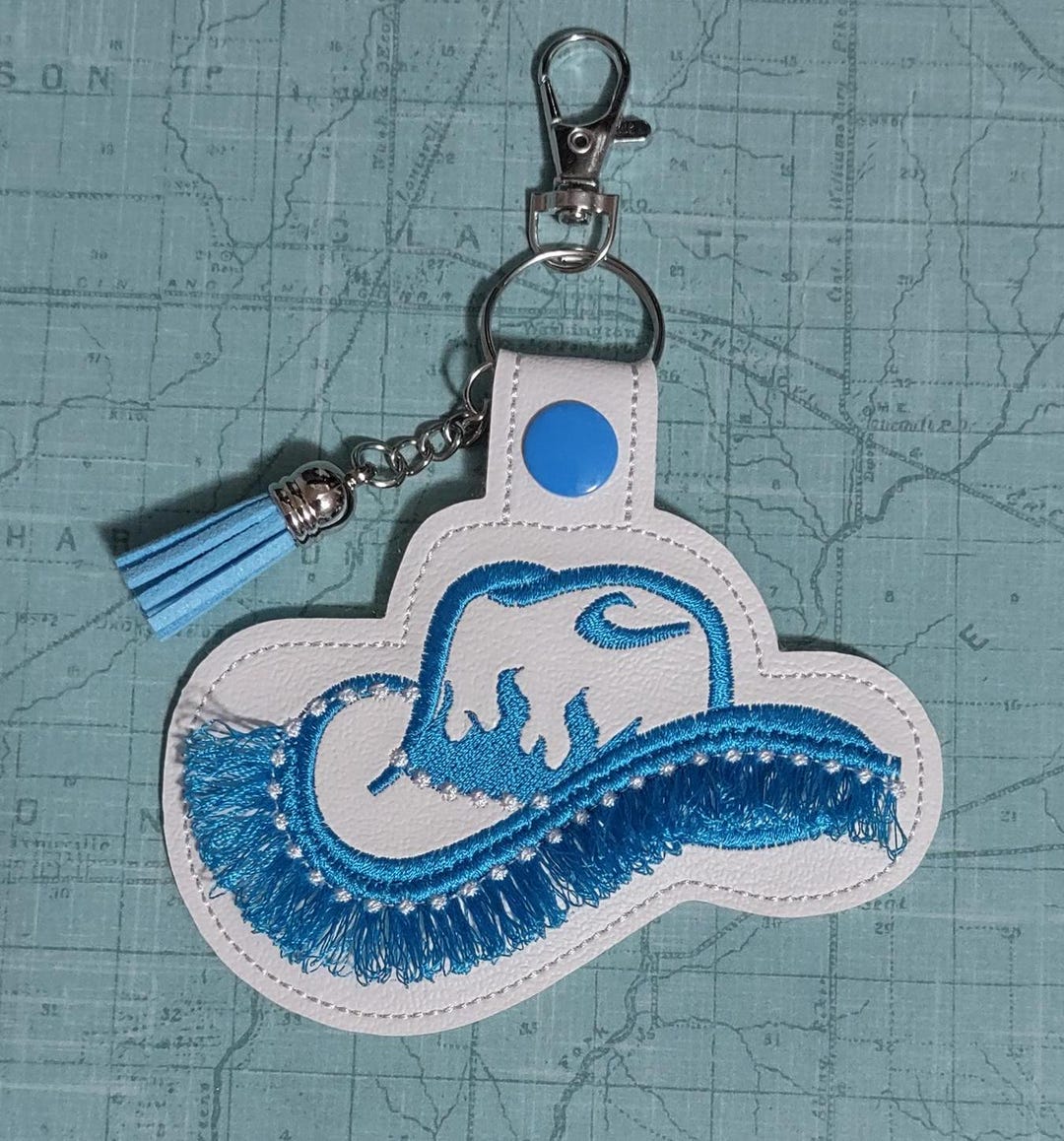 Embroidered Cowboy Cowgirl Hat Key Chain Key Fob With Blue Fringe - Etsy
