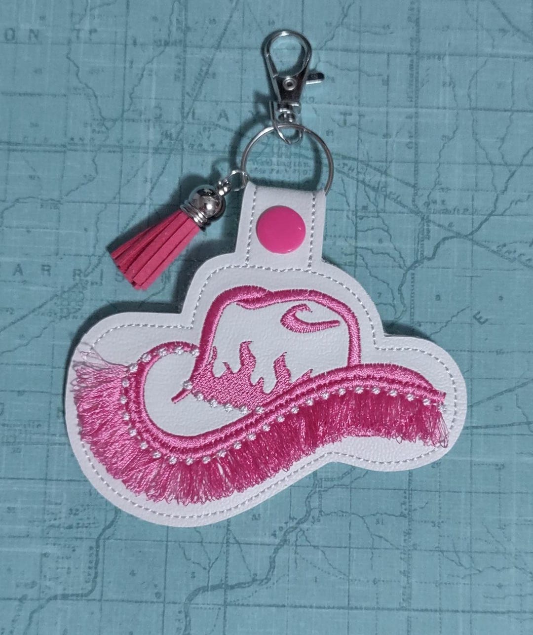 Embroidered Cowboy Cowgirl Hat Key Chain Key Fob With Pink Fringe - Etsy