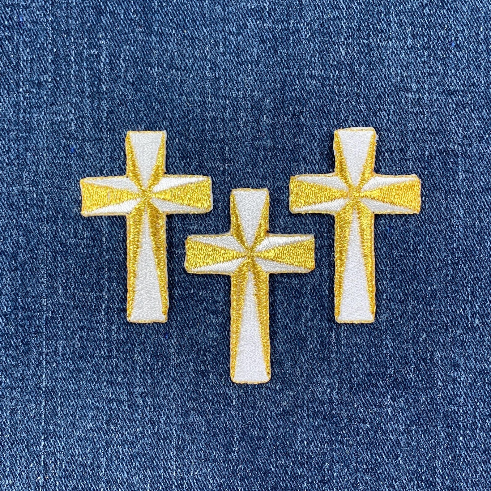Gold & White Medium Cross Applique Patch - Metallic Thread, Christian ...
