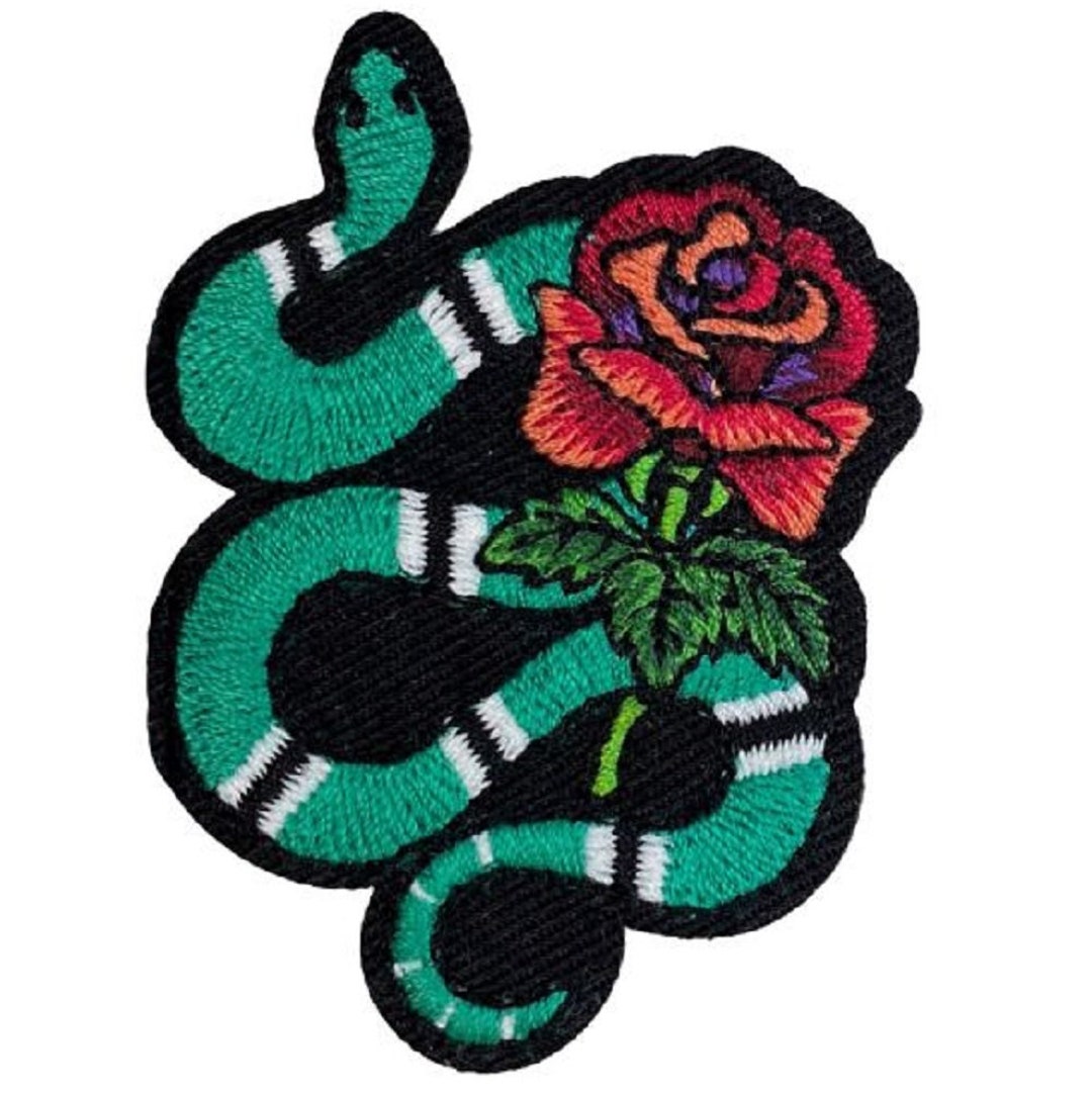 Snake & Rose Applique Patch - Flower, Tattoo Style Badge 2.5" (iron or ...