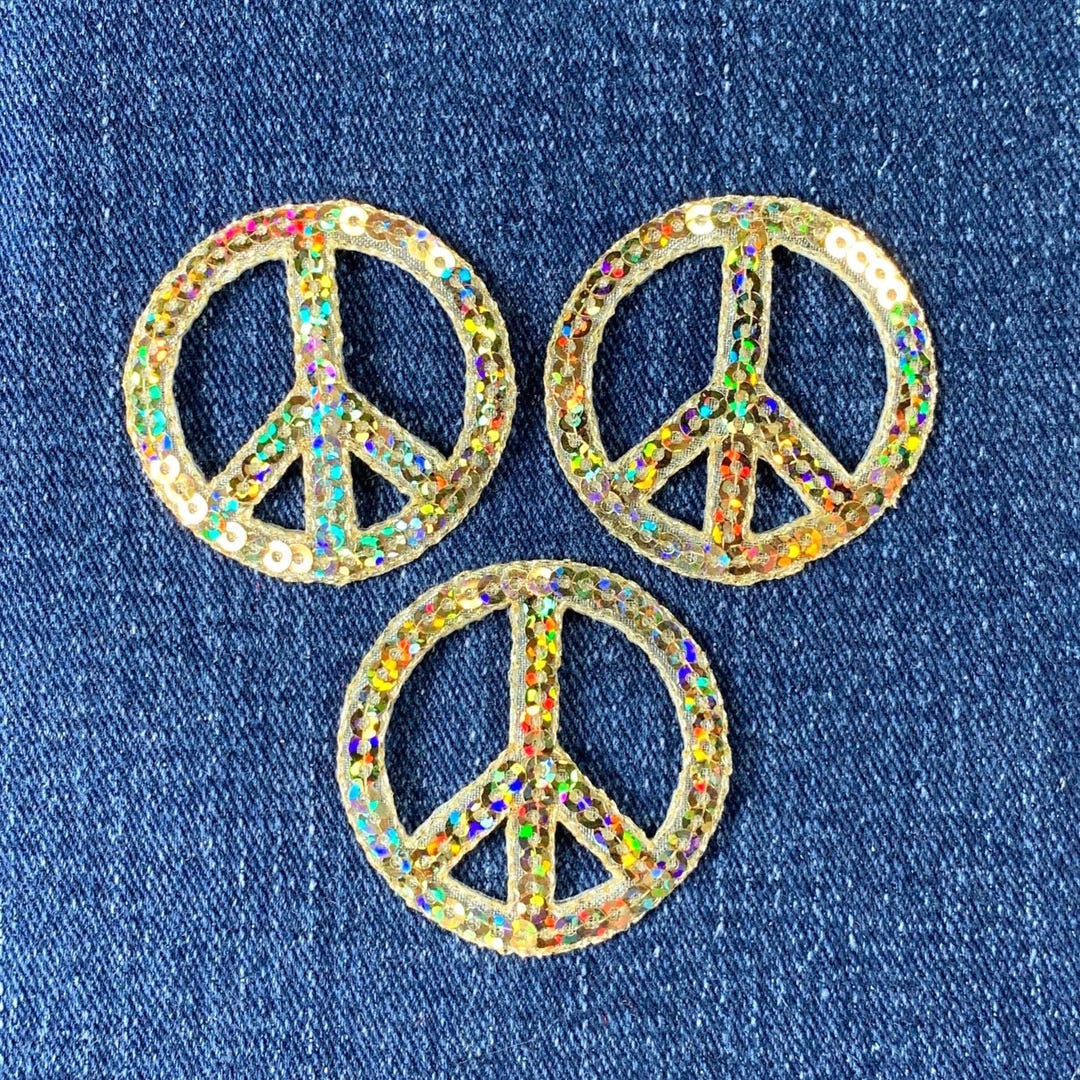 3-pack Sequin Peace Sign Applique Patch - Gold Embroidered World Peace ...