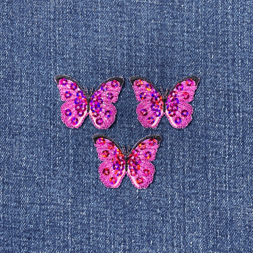 3-pack Butterfly Applique Patch - Embroidered Sequin Pink Fuchsia Badge ...