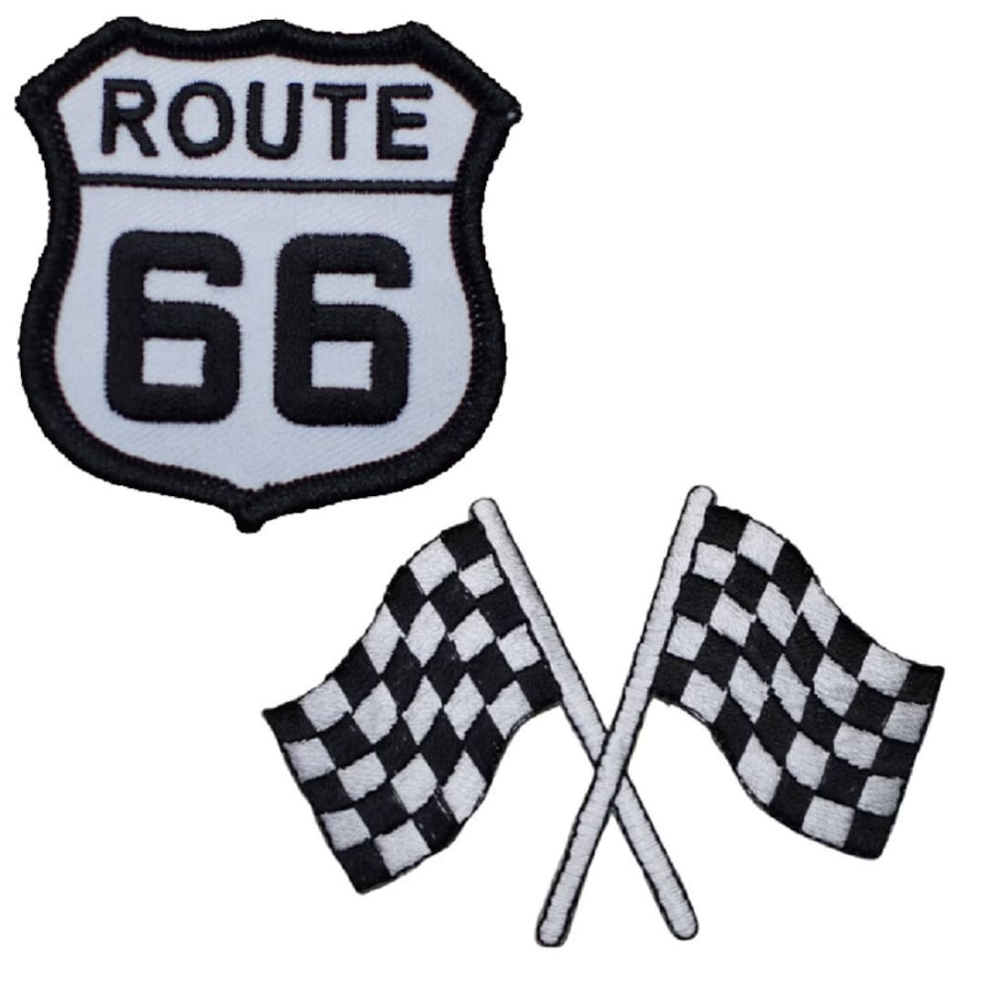 Route 66 & Checkered Racing Flags Patch Set - Rt. 66 Muscle Car Racing ...
