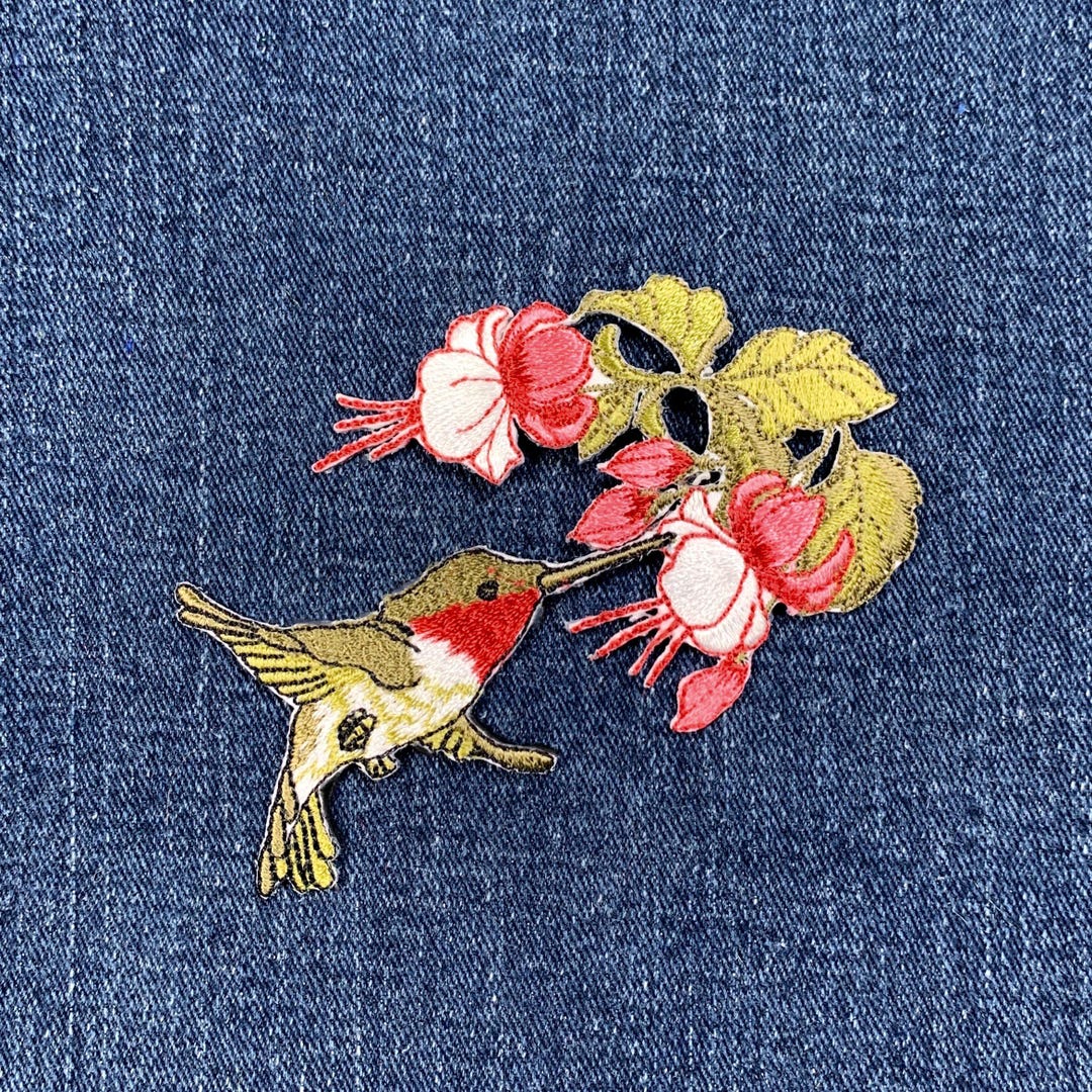 Hummingbird Applique Patch - Embroidered Fuchsia Flowers & Bird Badge 3 ...