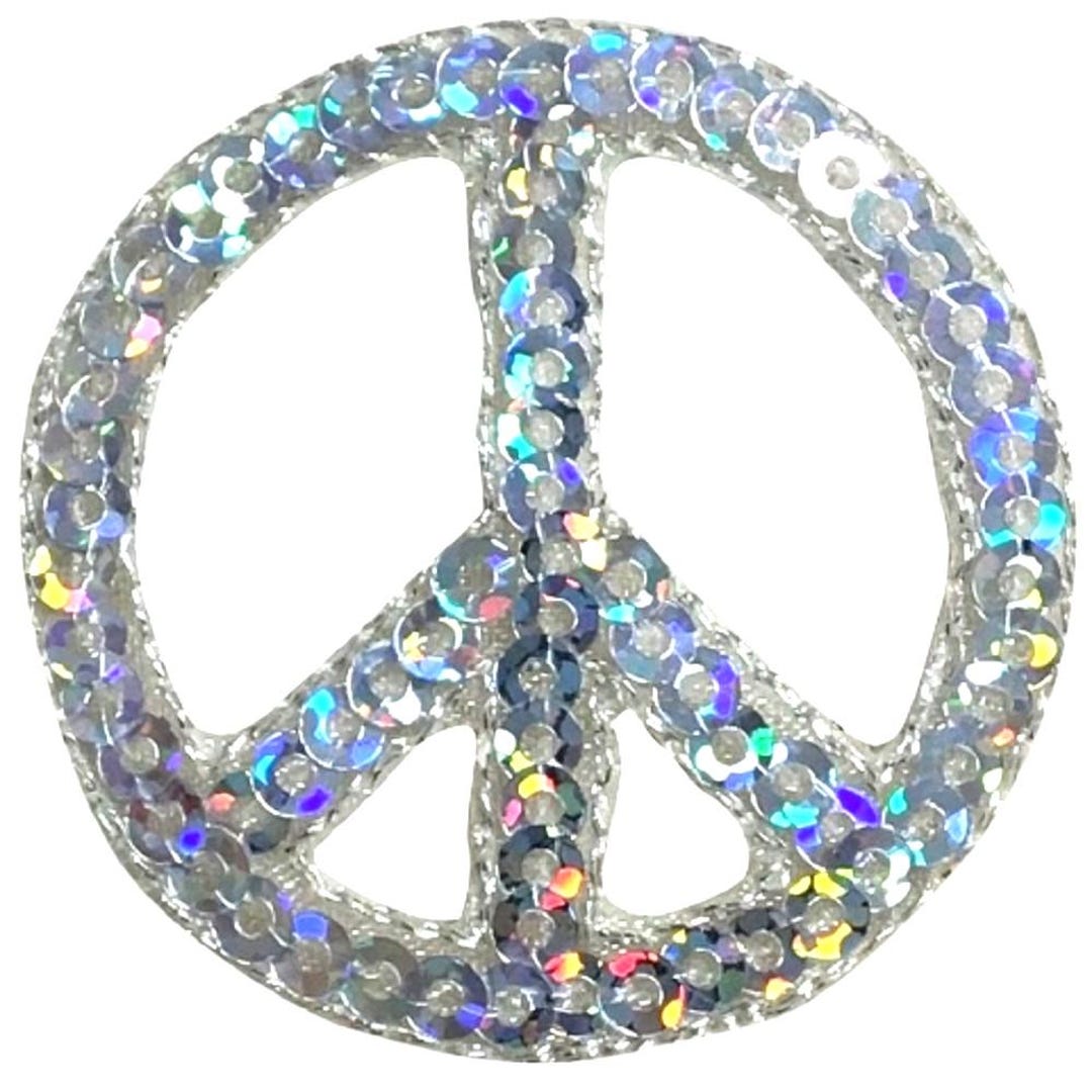 Peace Sign Applique Patch - Silver Sequin World Peace Badge 1.5" (iron ...