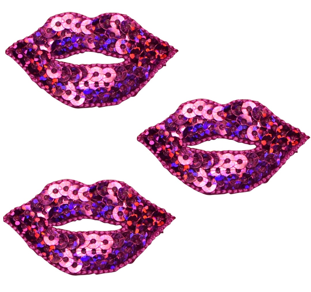 Pink Lips Applique Patch Sequin, Kiss, Mouth Badge 1.75 3-pack, Iron On ...