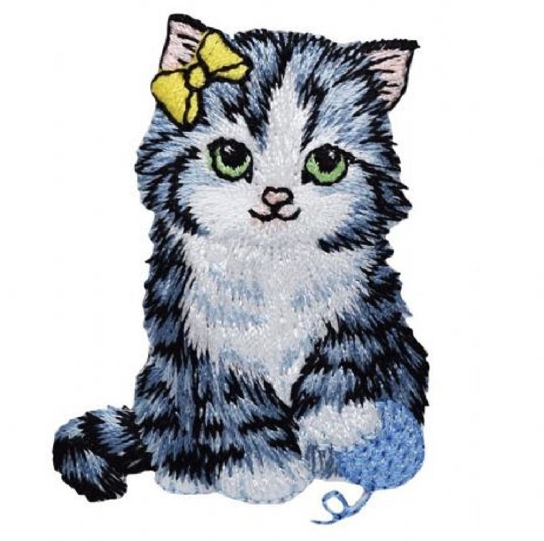 Gray Kitty Cat Applique Patch - Blue Yarn Bow Kitten Badge 2-3/8" (iron ...
