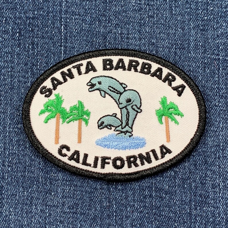 Santa Barbara Patch - California, Palm Tree, Dolphin Badge 3.5" (iron ...