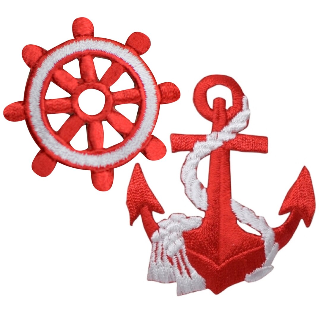 Anchor & Ship's Wheel Applique Patch Set - White/red Badge (2-pack ...