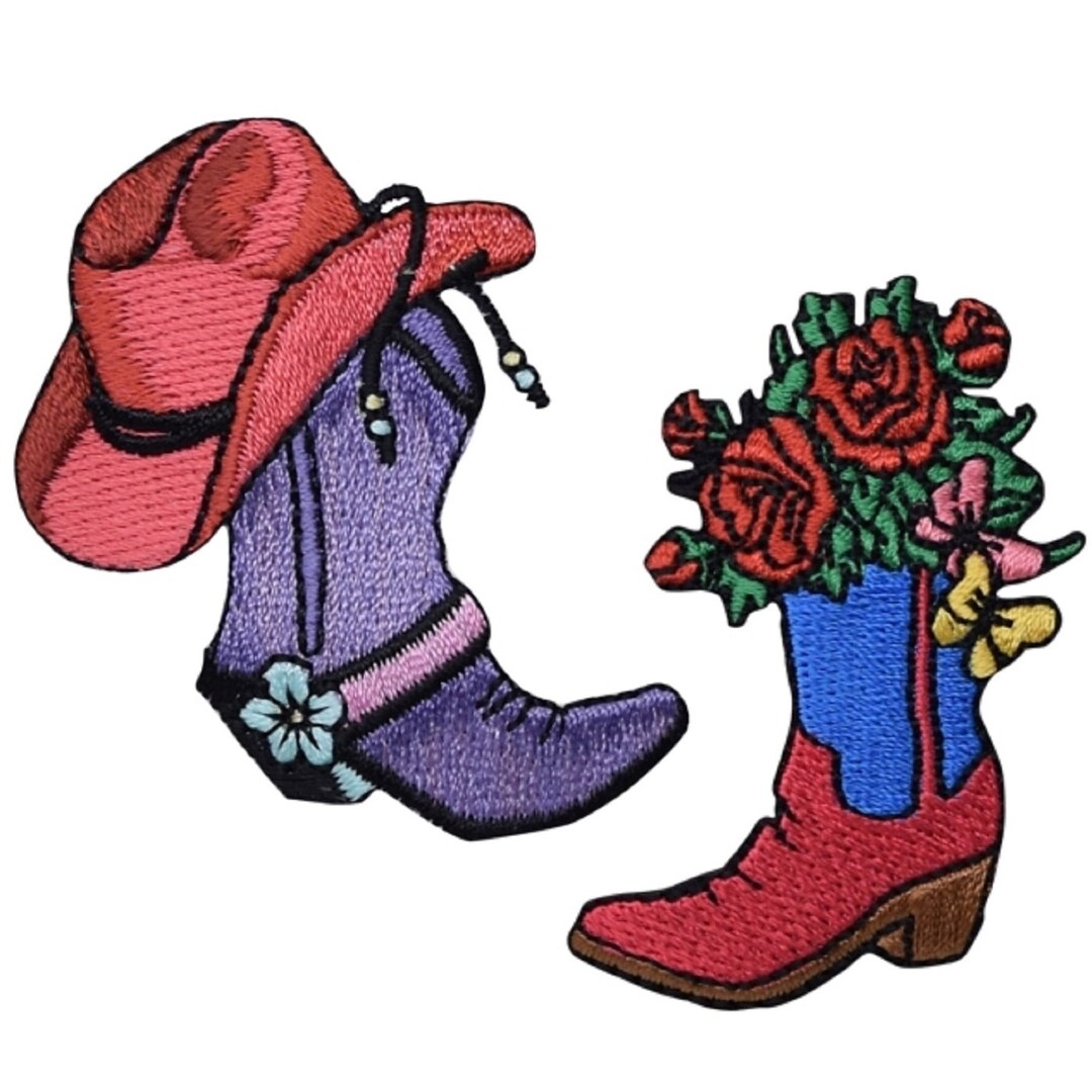 Cowboy Boot Applique Patch Set - Western Flowers Roses 2.25" (2-pack ...