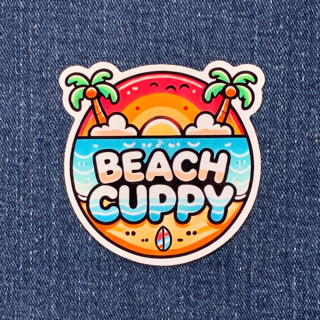 Beach Cuppy Sticker - Palm Trees Surf Sand Sea Water Bottle Drink Cup ...