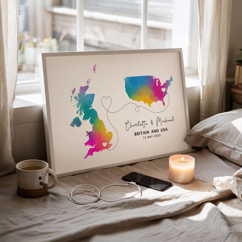 Custom Couple Watercolor Countries Map Print – Personalized Anniversary ...