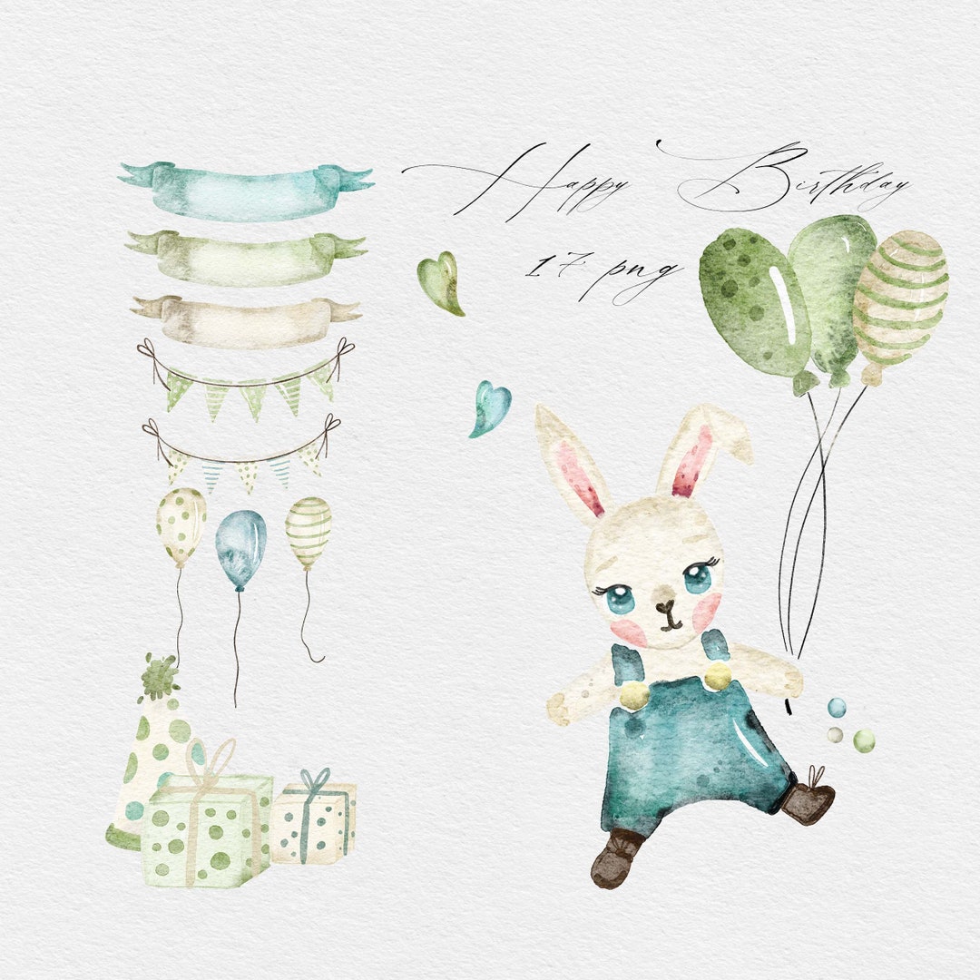 Happy Birthday Watercolor Clip Art Set Mr. Rabbit - Etsy