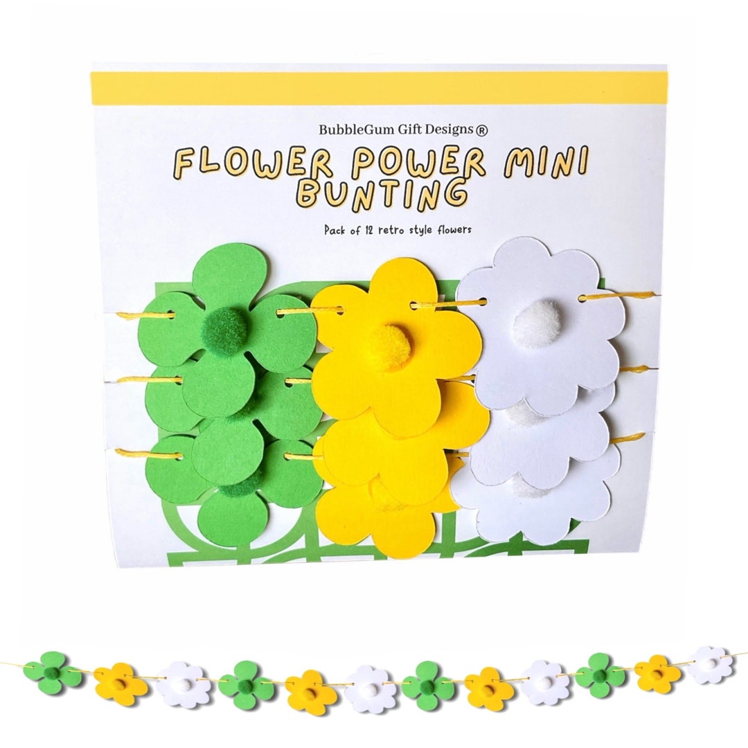 Mini Flower Garland, 70s Theme Green and Yellow Flowers Mini Bunting ...