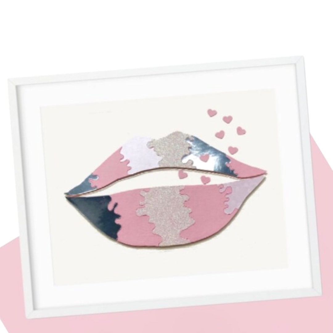 Original Textured Pink Lips Wall Art, Pink and Silver Funky Wall Decor ...