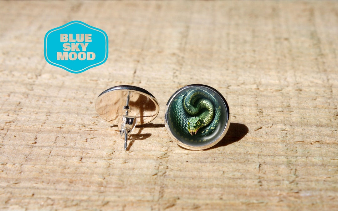 Pine Green Snake Stud Earrings, Snake Earrings, Handmade Hypoallergenic Nickel Free, Stainless ...
