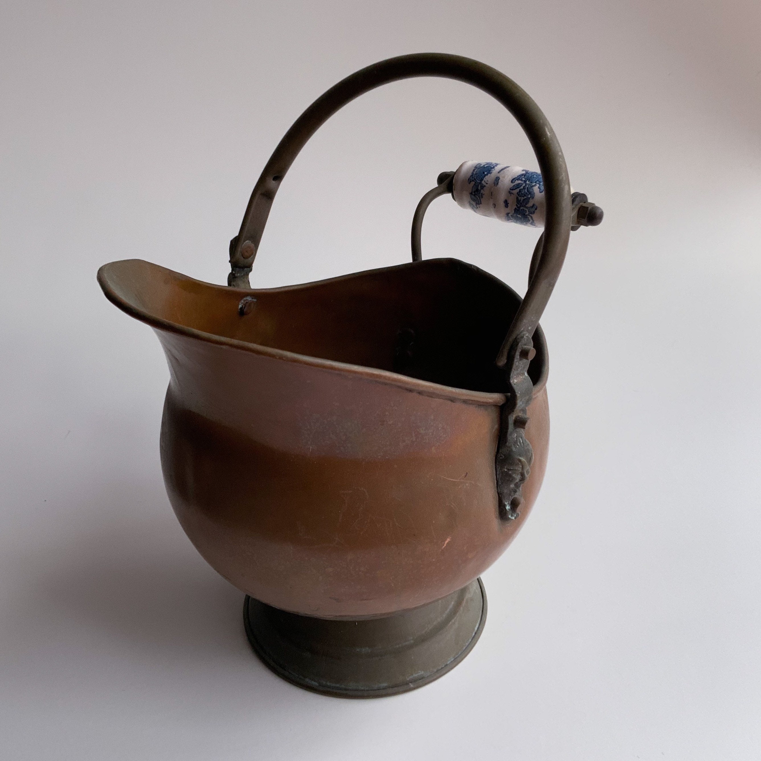 Miniature Copper Coal Scuttle With Brass Lions Head and Delft Porcelain ...