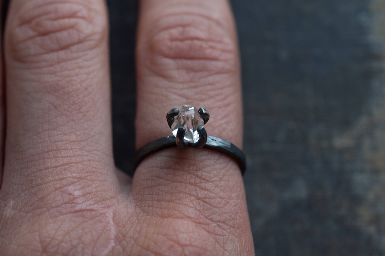 Herkimer Diamond Ring, Raw Sterling Silver Ring, Oxidized Silver, Prong ...
