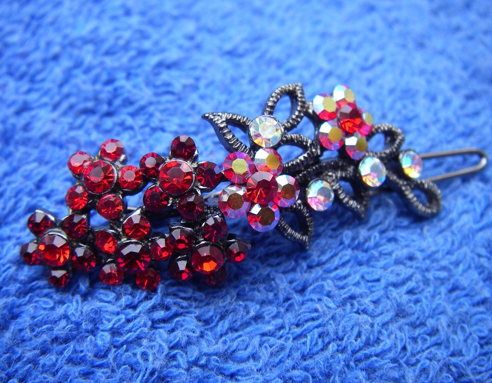 TWO Nice Crystal Mounted HAIR Barettes-clip Backs-red and Brown Stones ...