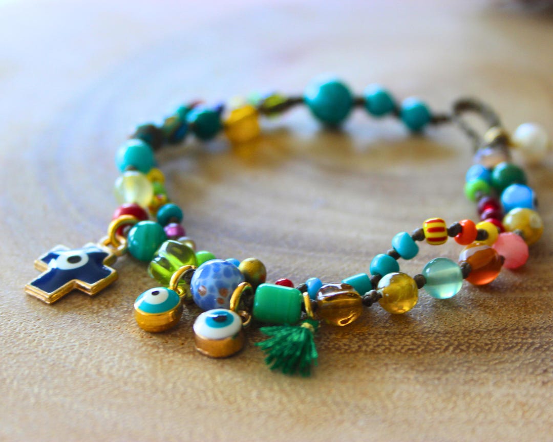 Evil Eye Colourful Bead Bracelet for Gift, Multi Colour Gemstone ...
