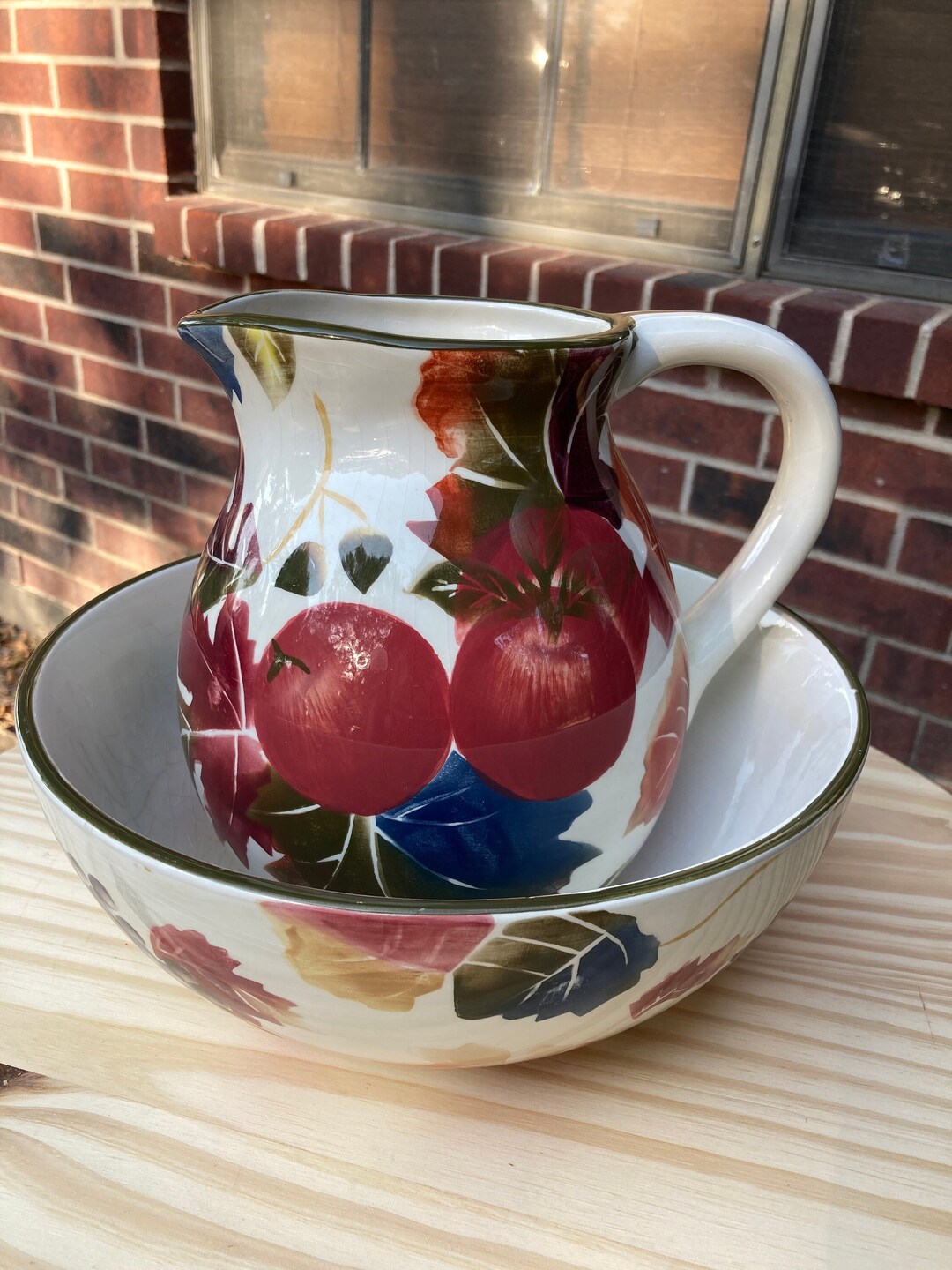 WCL Pottery Ceramic Pitcher and Bowl, Autumn Leaves, Hand Painted ...