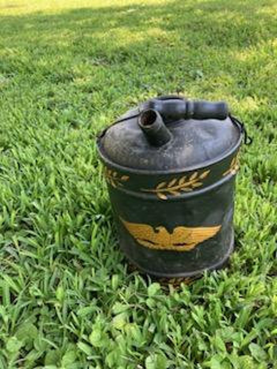 Very Old Metal Gas Can With Galvanized Vintage Painted Gold Eagle ...