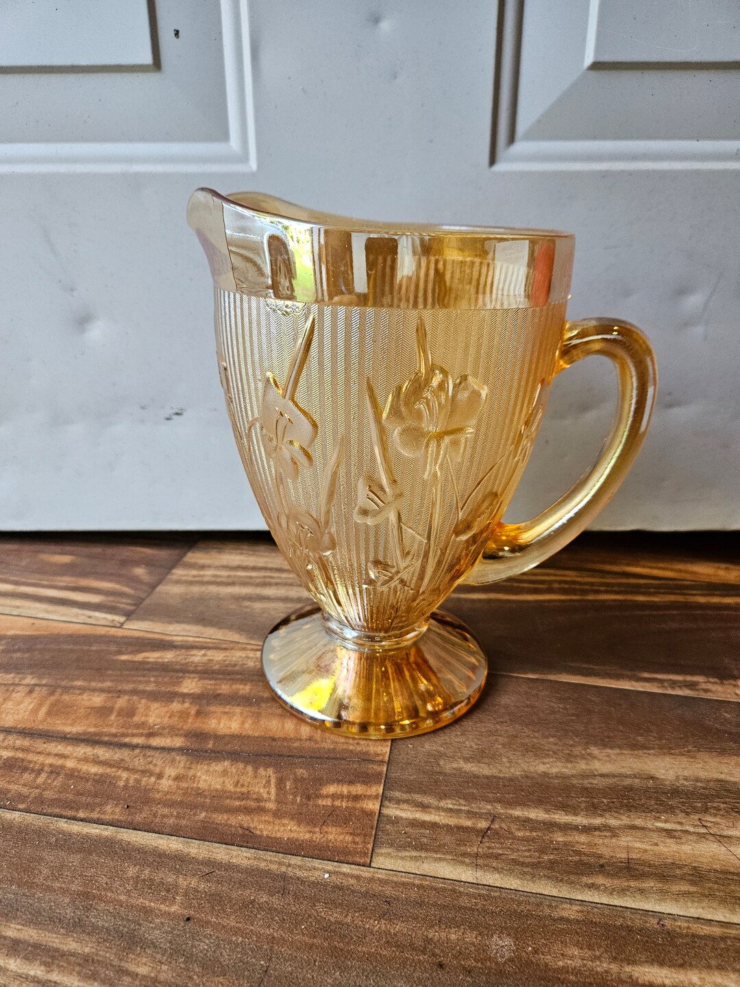 Iris and Herringbone Pitcher Jeanette Glass Iridescent Amber Gold ...
