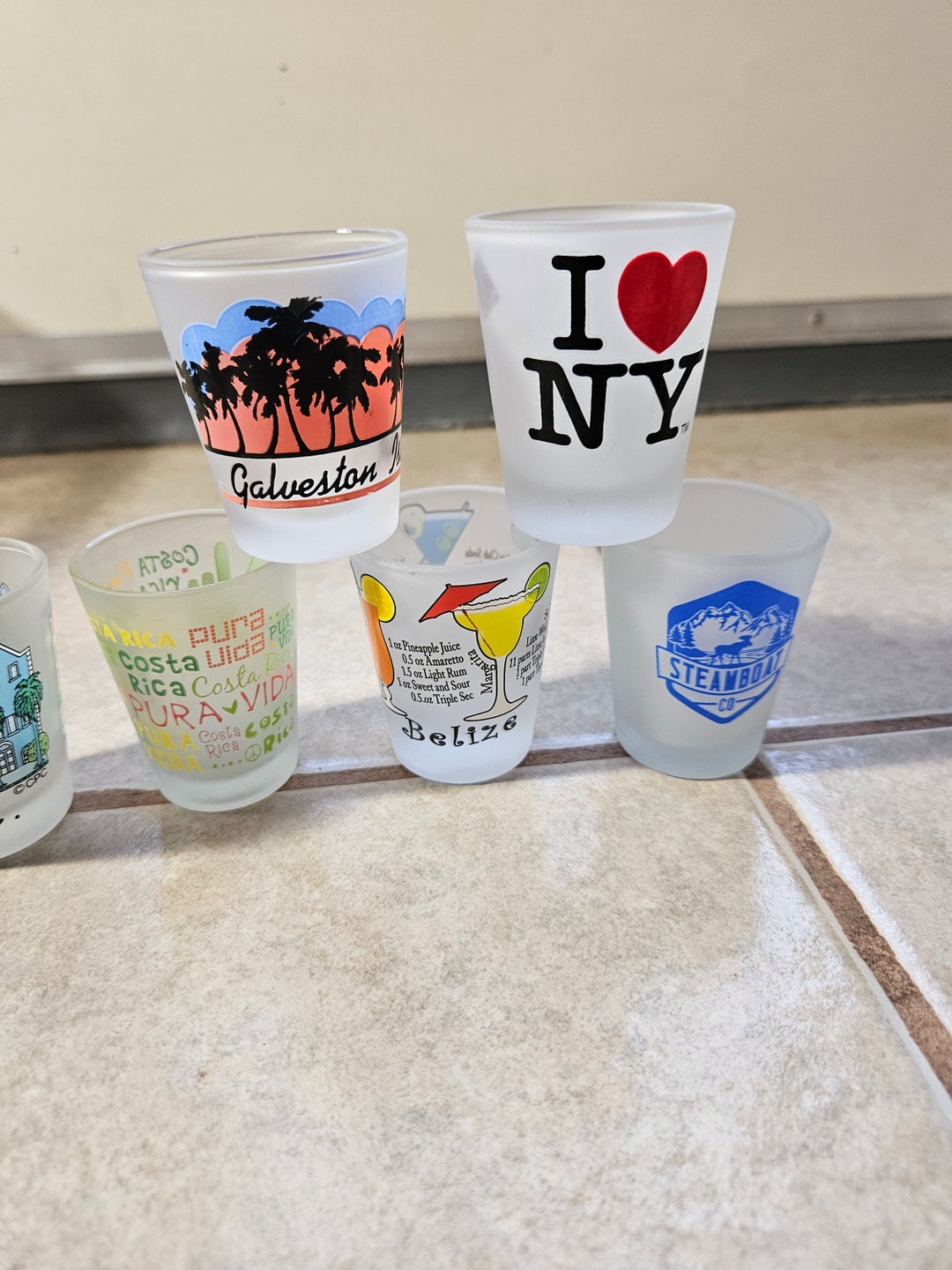 Shot Glasses Frosted Tint - Belize, I Love New York, Galveston Island ...