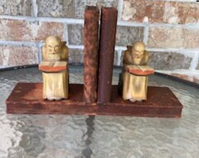 Wooden Carved Monk Priests Bookends, Monks Sitting on Books Reading ...