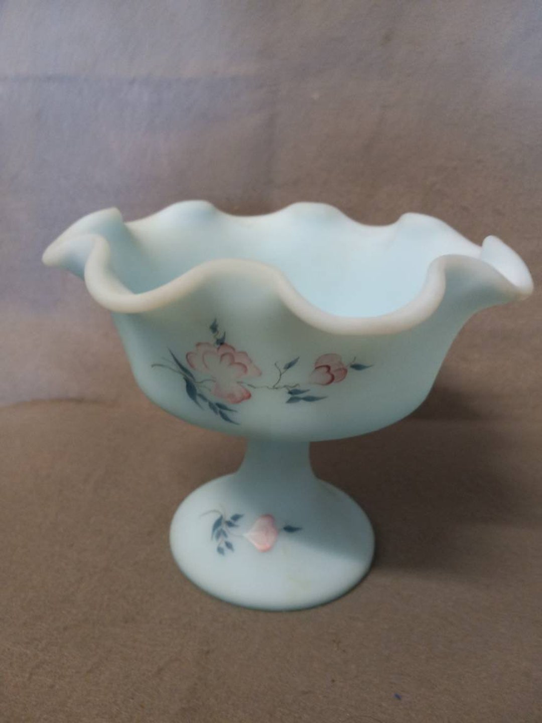 Fenton Glass Blue Satin Fenton Glass Compote With Flowers Fenton Glass ...