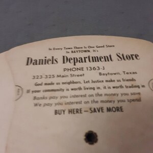 Advertising Fan Daniels Department Store Phone 1363-J Baytown Texas Old ...