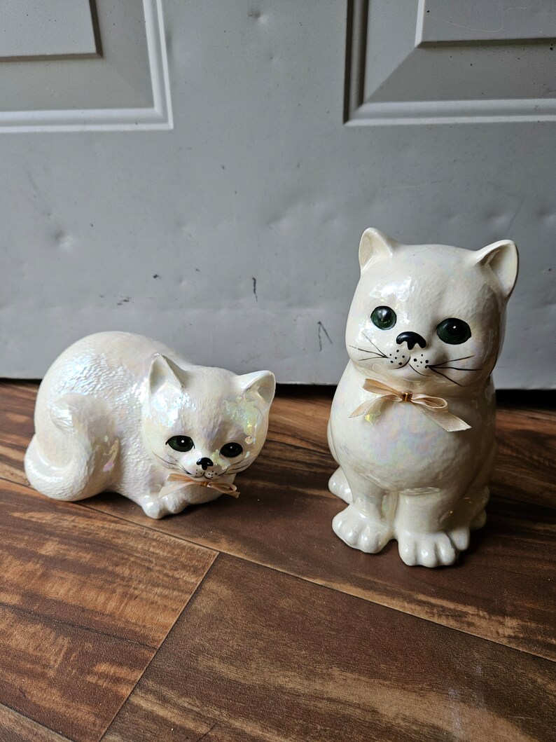 Beige Iridescent Cat Figurines With Big Eyes and Colorful Face, Real ...